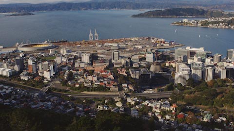 Drone Footage of Tracking view of Wellington City NZ