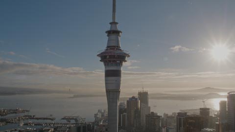 Drone Footage of Camera move down the Sky Tower at dawn